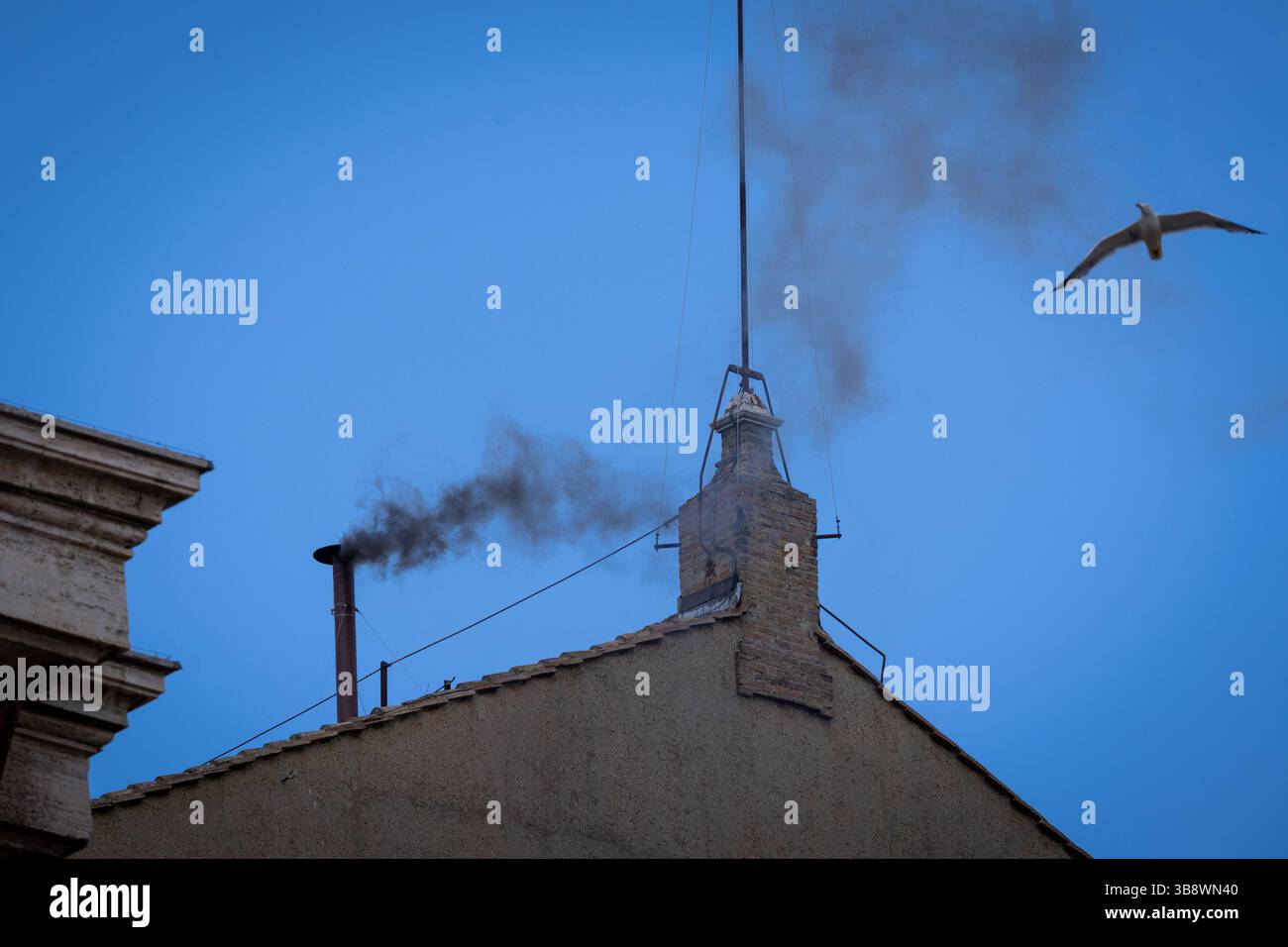 Vatican, Vatican. 08th May, 2025. Black smoke billows from the Sistine ...