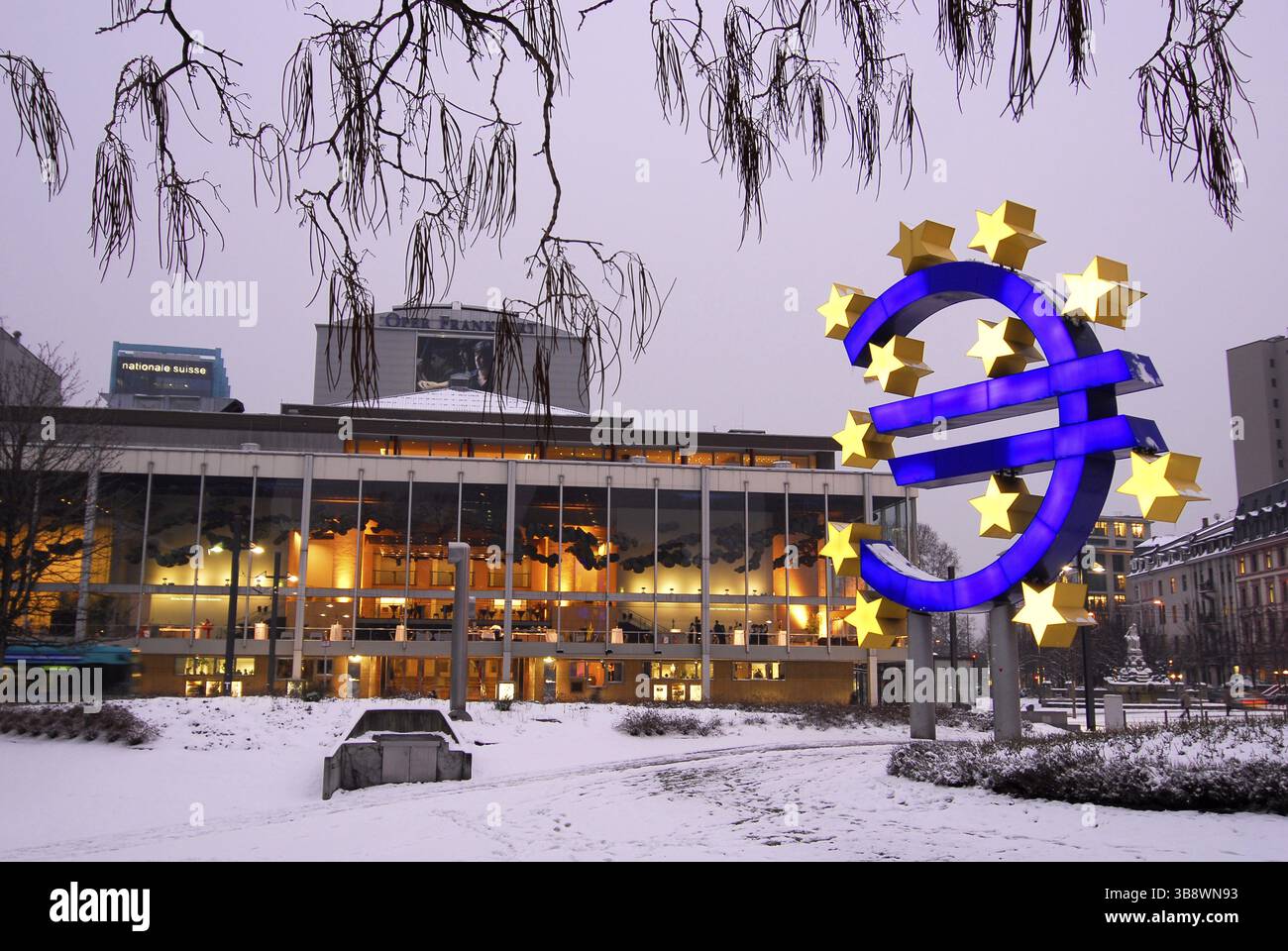 Symbol of the euro currency at the European Central Bank ECB, behind it ...