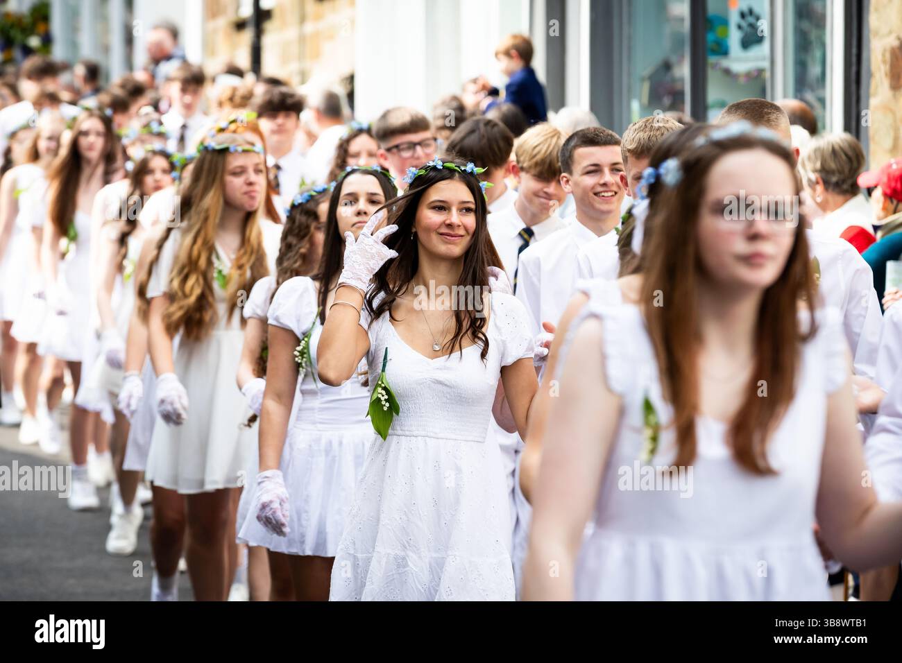 Helston, UK. 8th May, 2025. The town of Helston, Cornwall, celebrates ...