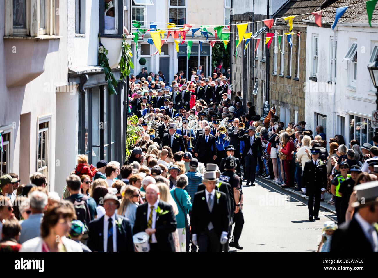 Helston, UK. 8th May, 2025. The town of Helston, Cornwall, celebrates ...