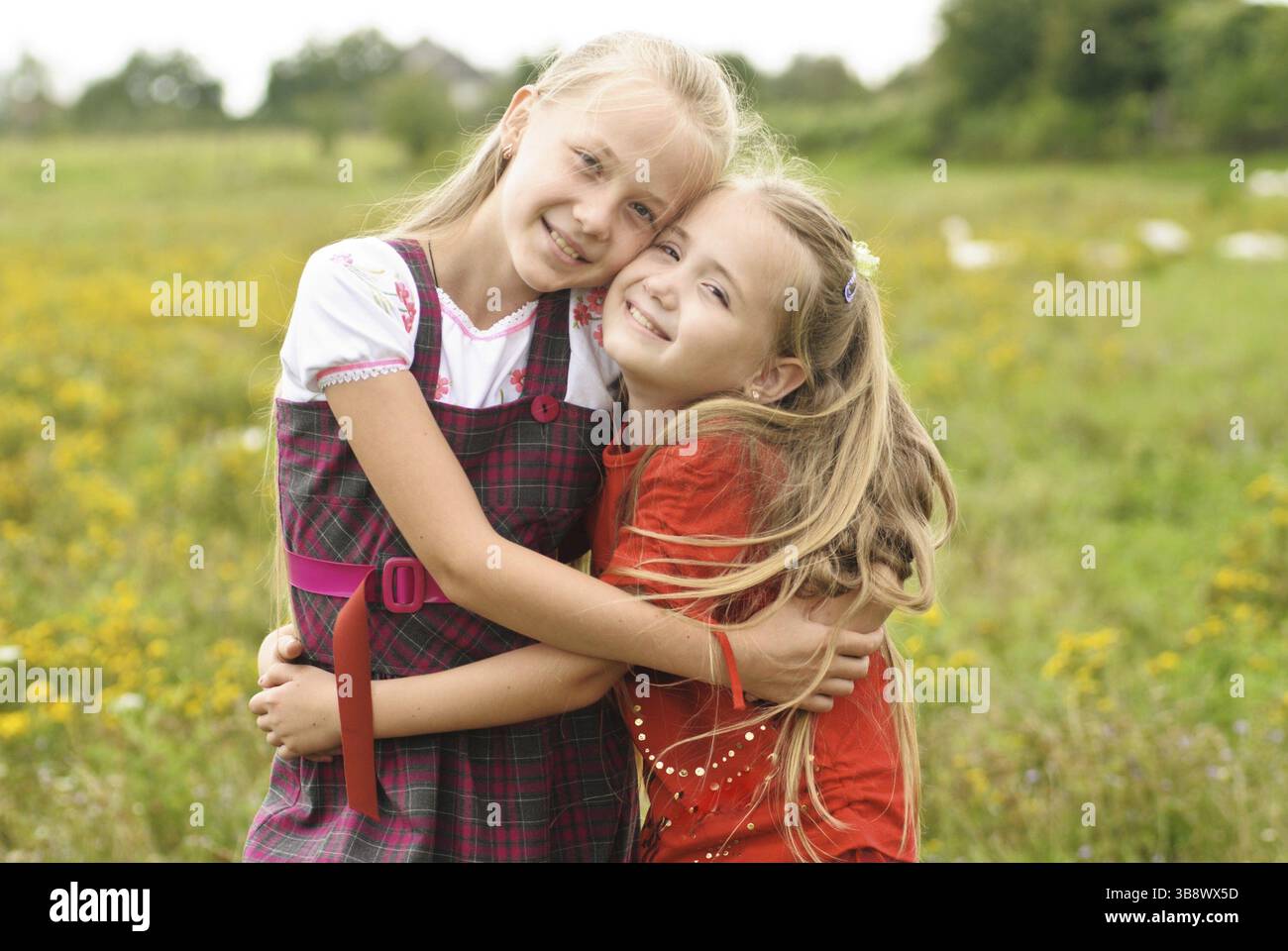 Two sisters hug one another outdoors, happy family Stock Photo - Alamy