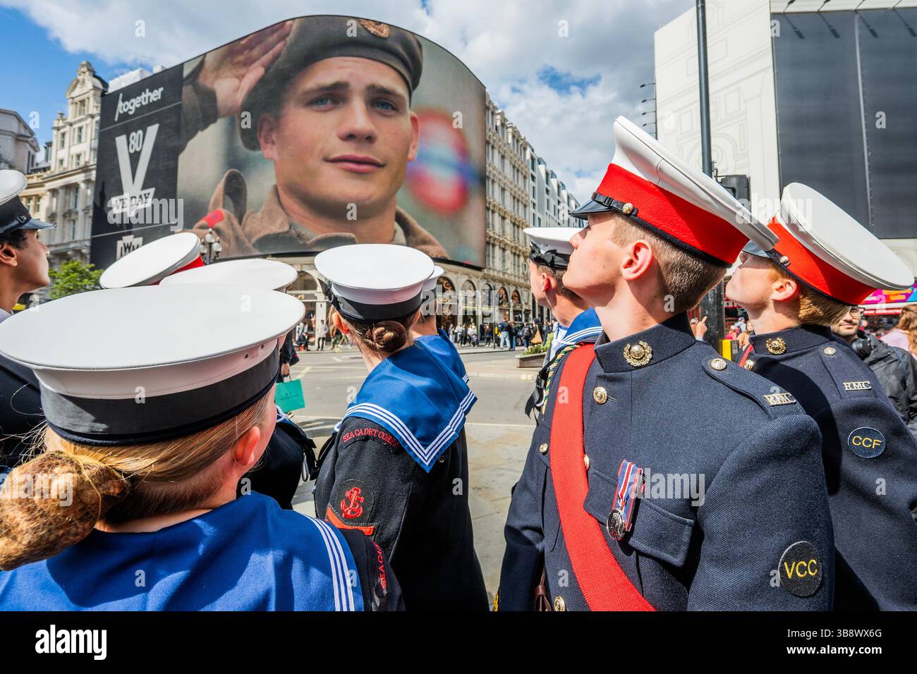 London, UK. 8th May, 2025. Cadets from the Royal Navy and Royal Marines ...