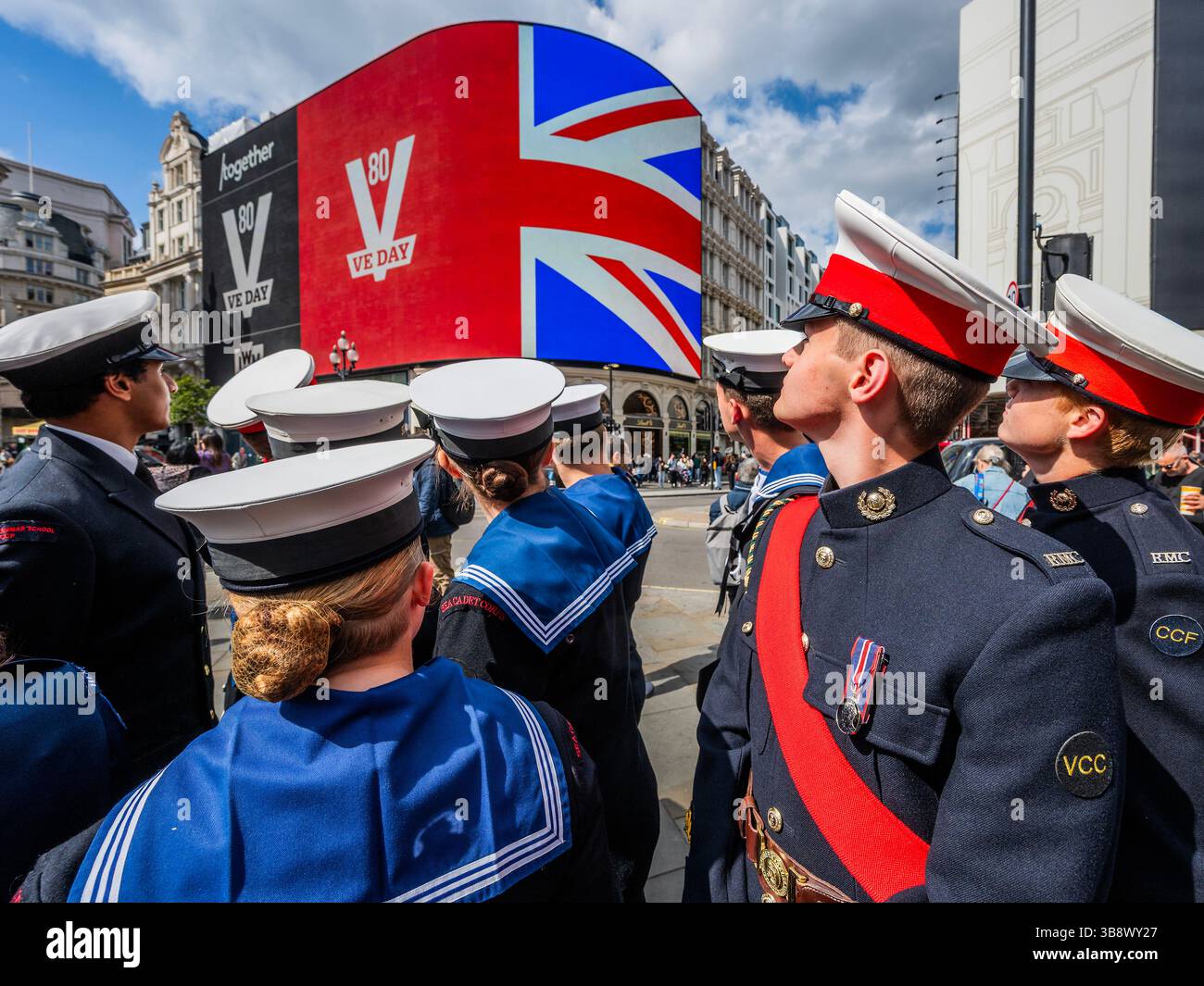 London, UK. 8th May, 2025. Cadets from the Royal Navy and Royal Marines ...