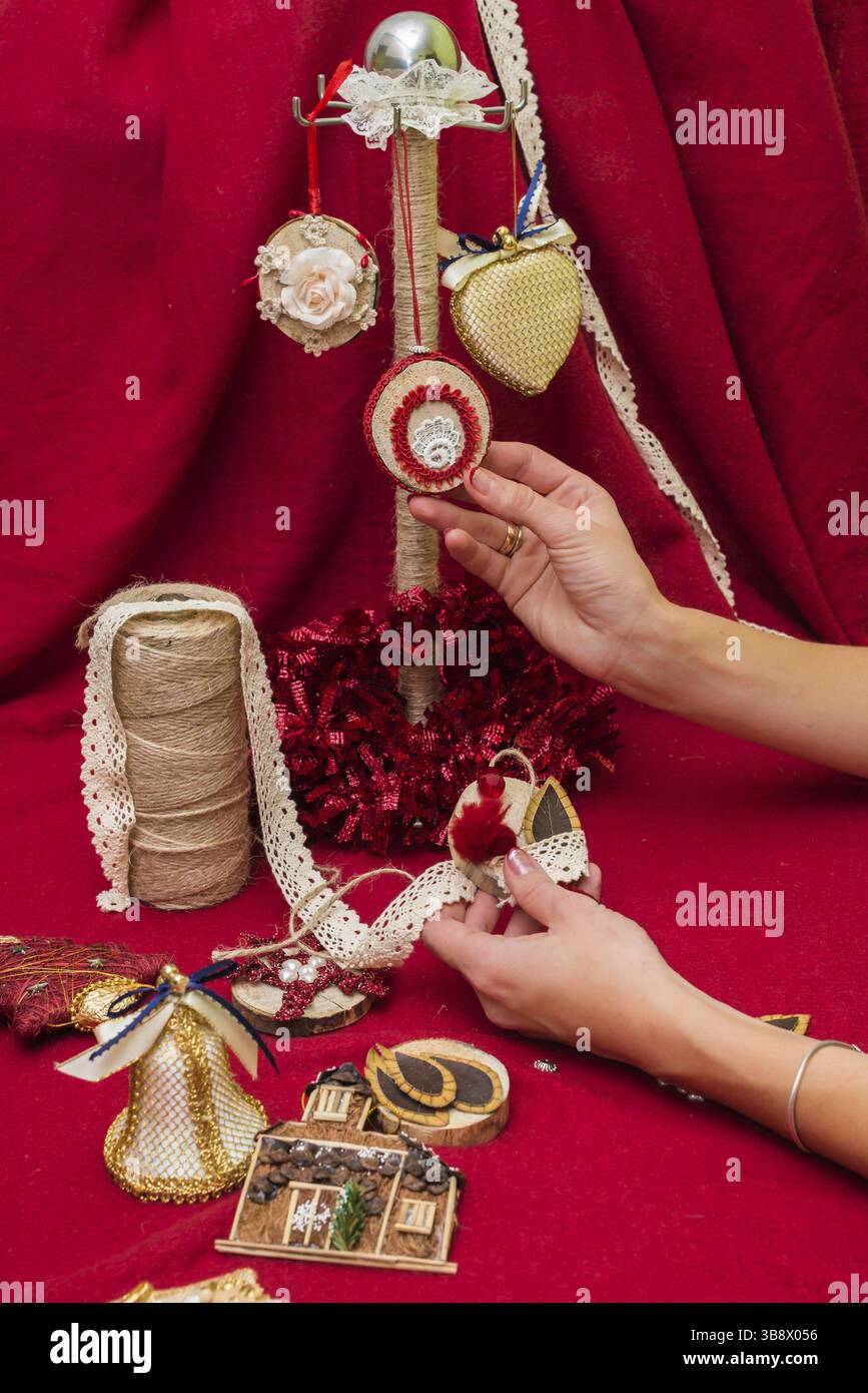 Christmas toys and decorations are handmade by women's hands Stock ...