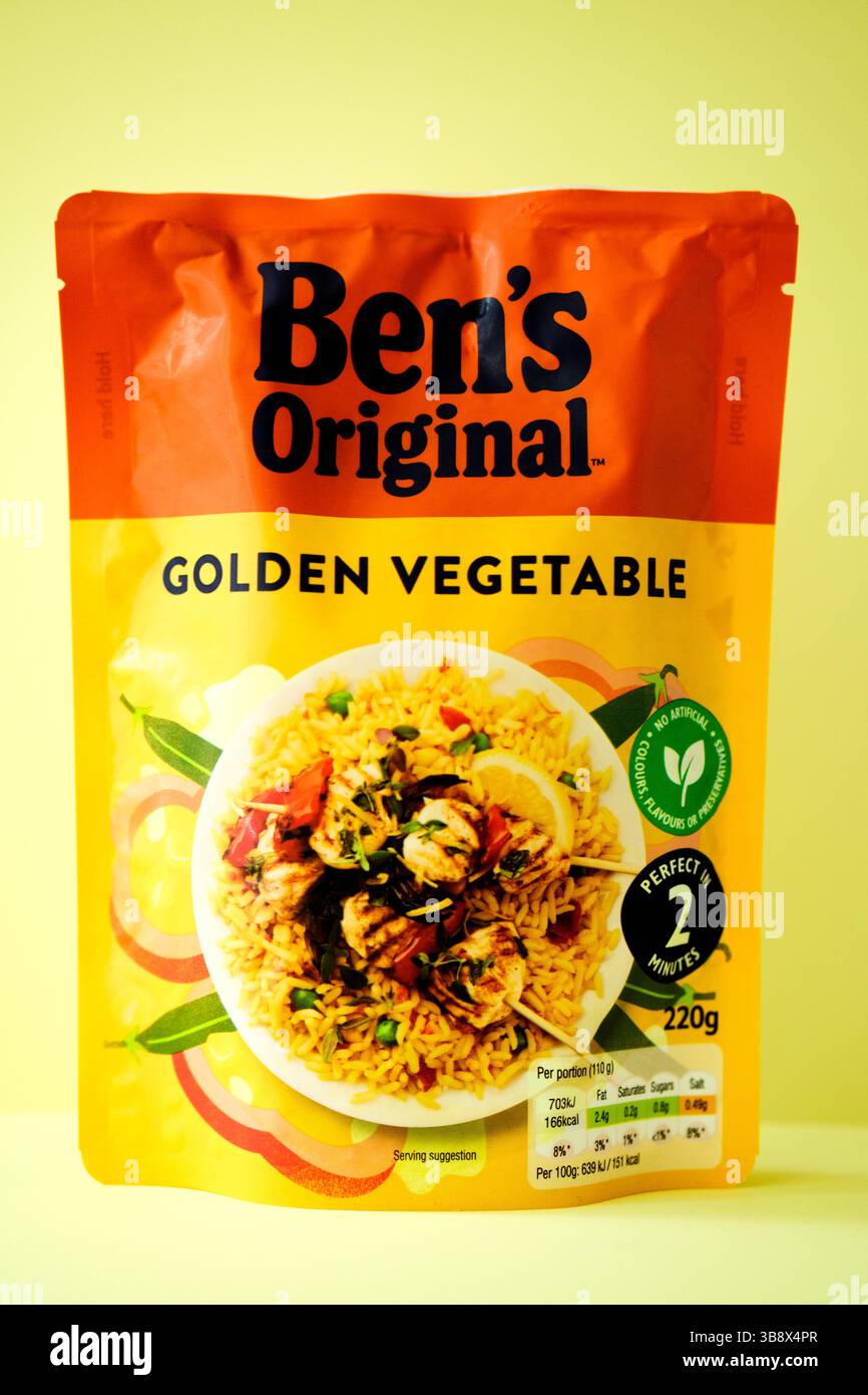 London UK, May 08 2025, Bens Golden Vegetable Easy Cook Microwave Rice ...