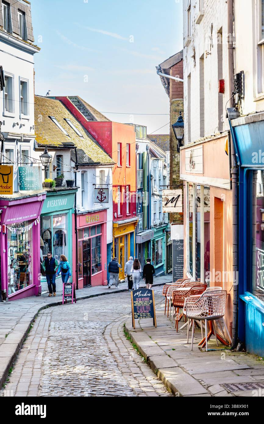 Shops and restaurants along the Old High Street, Folkestone, Kent ...