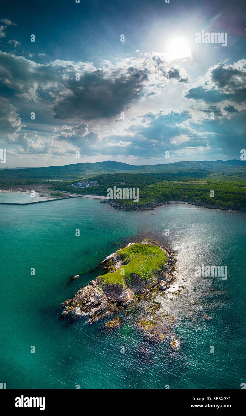 Drone aerial view during the day on the Saint Thomas rocks Saint Toma ...