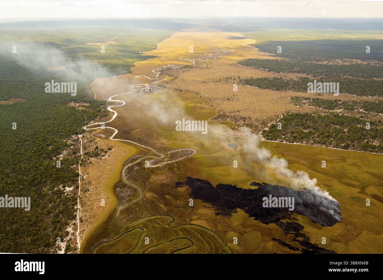 Cubango river, bush, fire, wildfire, smoke, horizon, cultivation ...