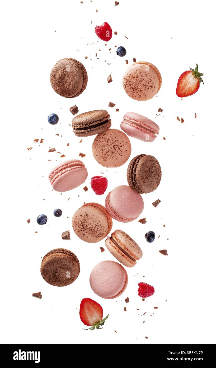 Fly french macarons. Levitate composition with different types colorful ...