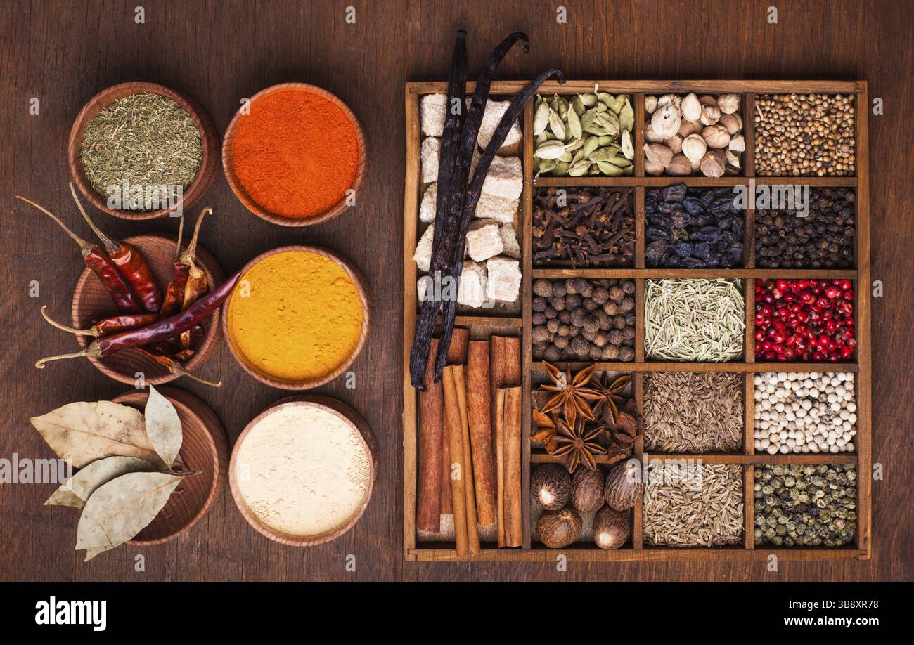 Different types of spices in wooden box Stock Photo - Alamy
