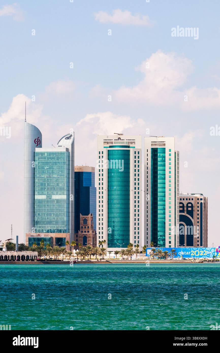 Financial district downtown Doha view of skyscrapers of Al Nasr Twin ...
