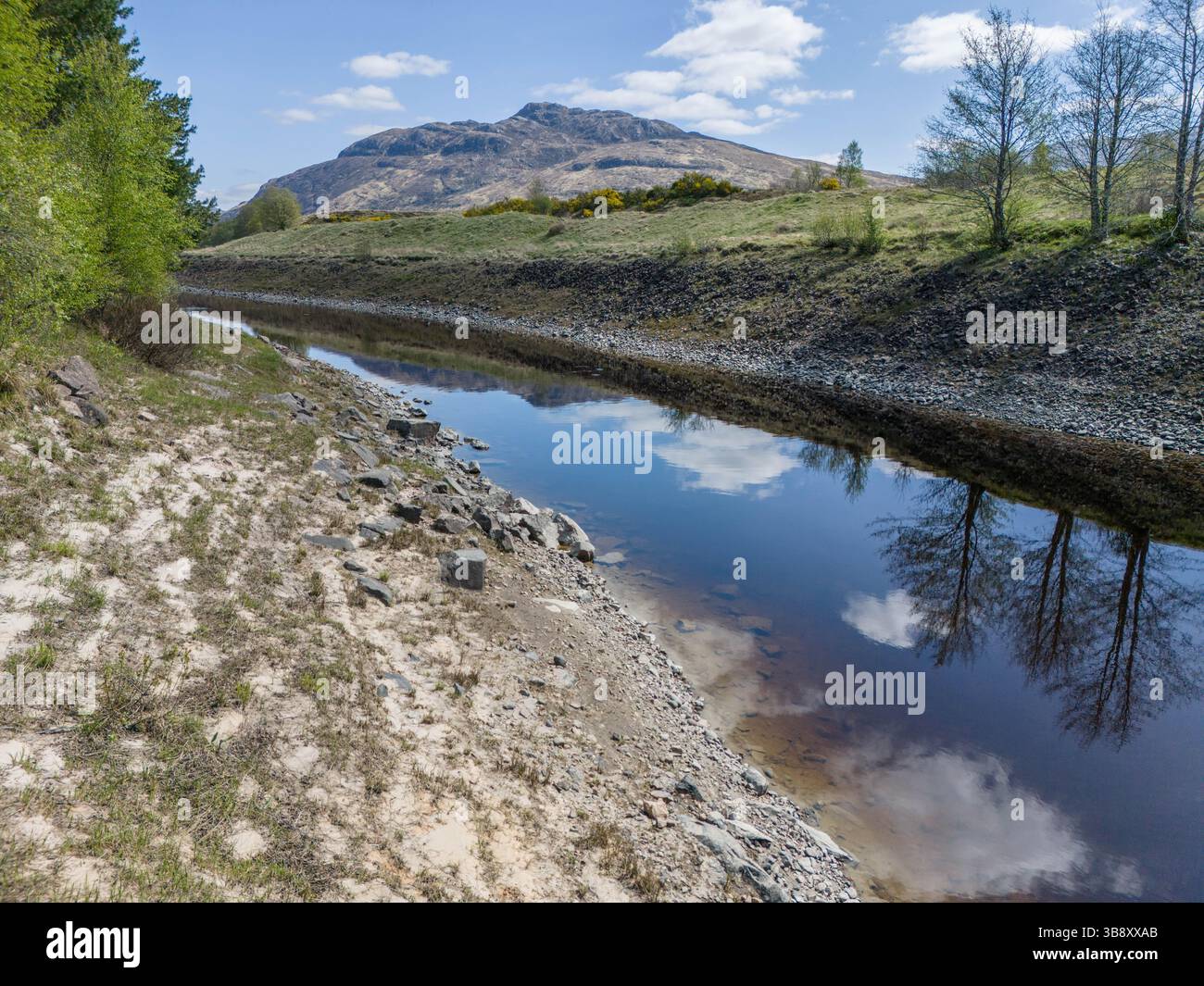 Very low water in the River Spean that feeds loch laggan in the ...
