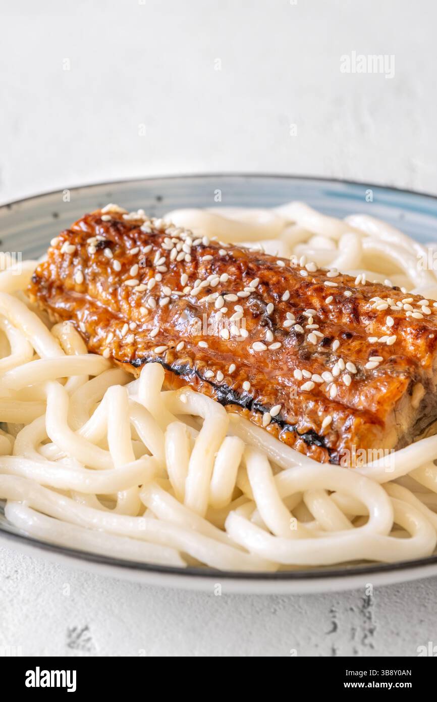 Thick udon noodles topped with glazed eel, richly coated in savory unagi sauce Stock Photo - Alamy