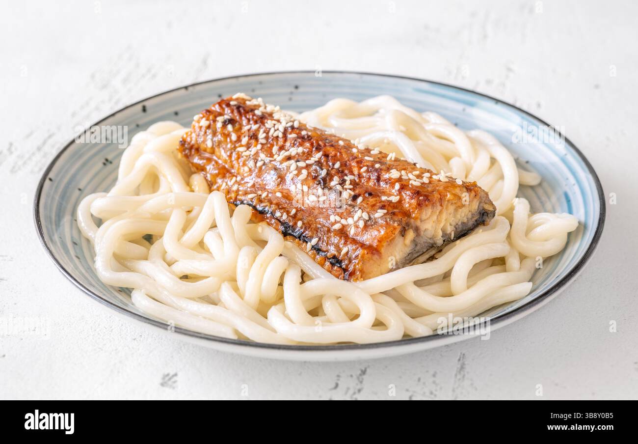 Thick udon noodles topped with glazed eel, richly coated in savory ...