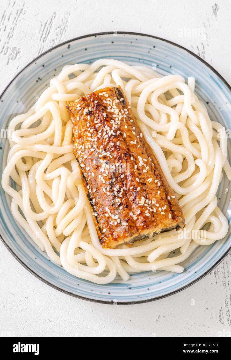 Thick udon noodles topped with glazed eel, richly coated in savory ...