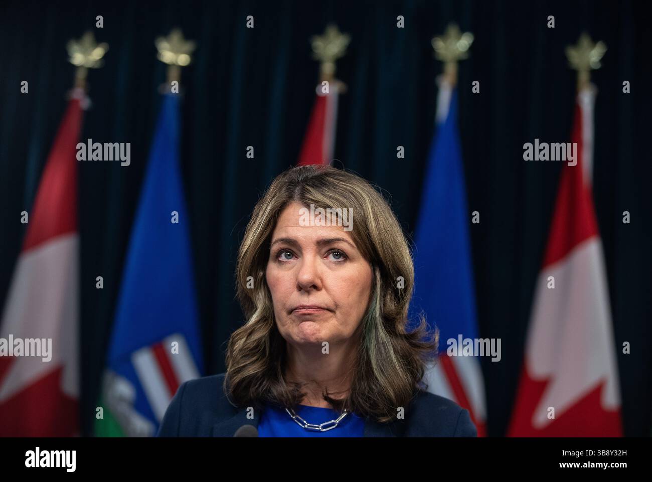 Edmonton, Canada. 06th May, 2025. Alberta Premier Danielle Smith speaks ...
