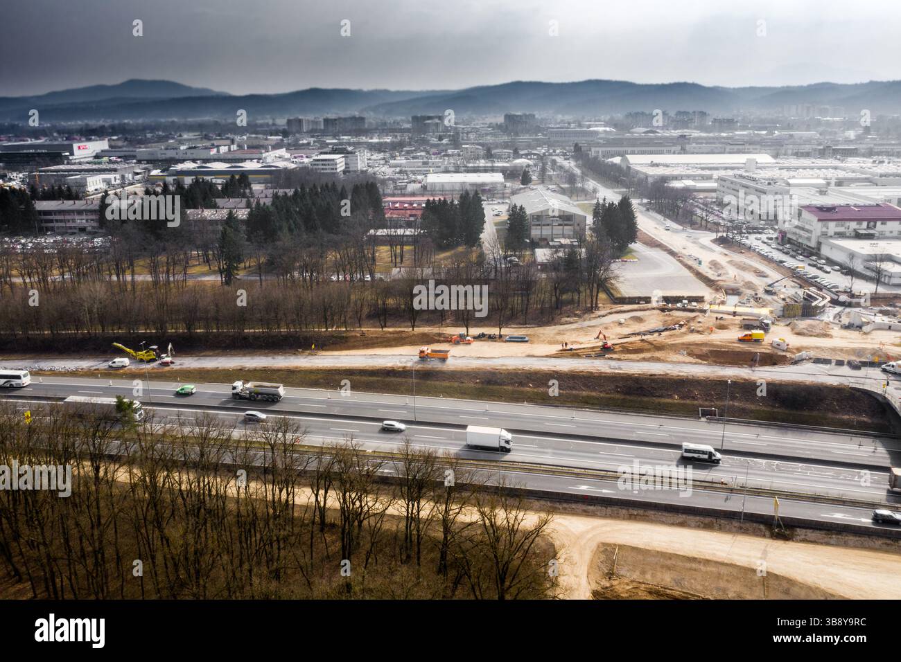 Drone View of Early Stage Construction of Highway Overpass, Roundabout ...