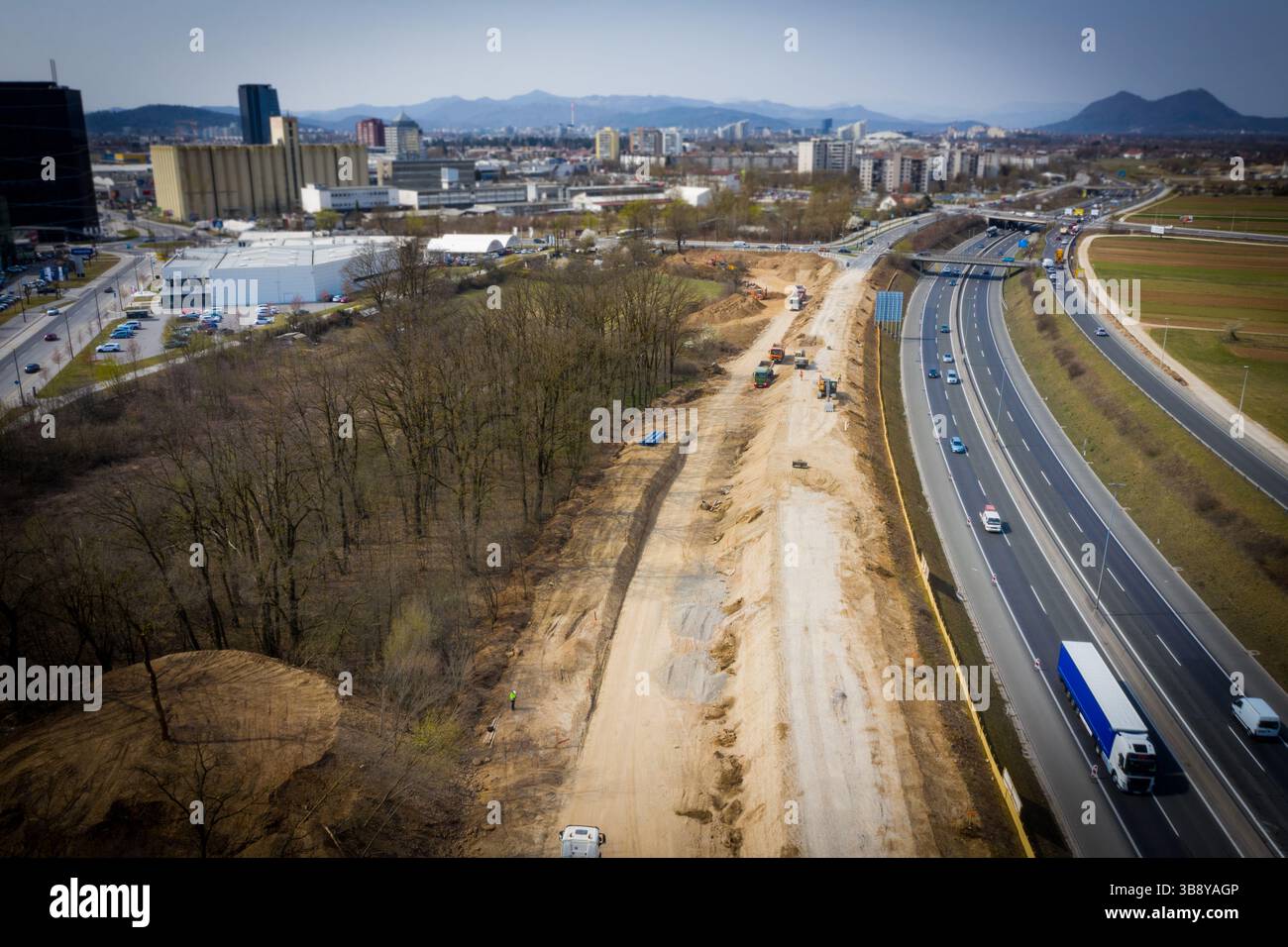 Aerial View of Early Construction Phase of Highway Overpass, Roundabout ...