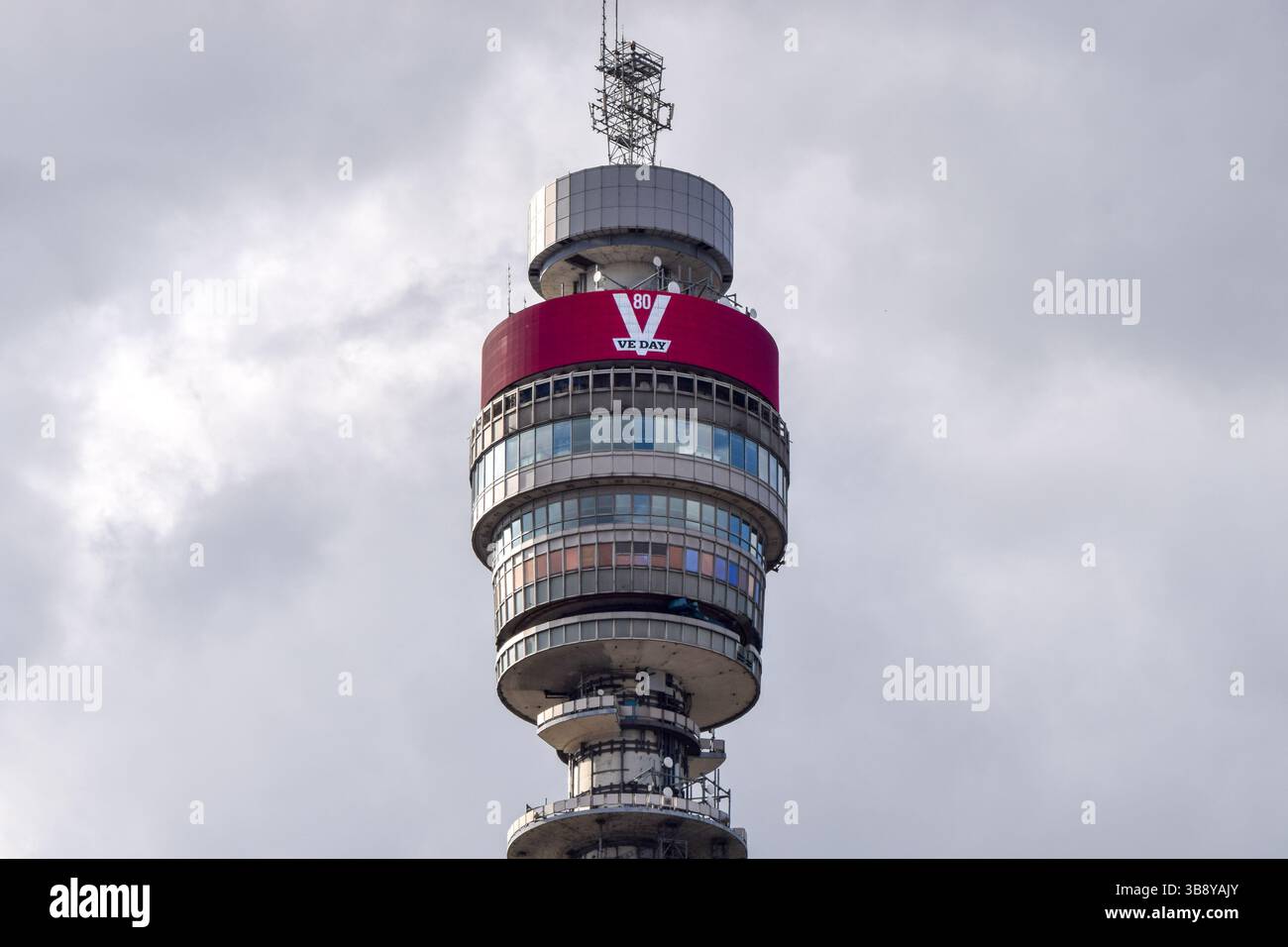 London, England, UK. 8th May, 2025. The BT Tower commemorates VE Day ...