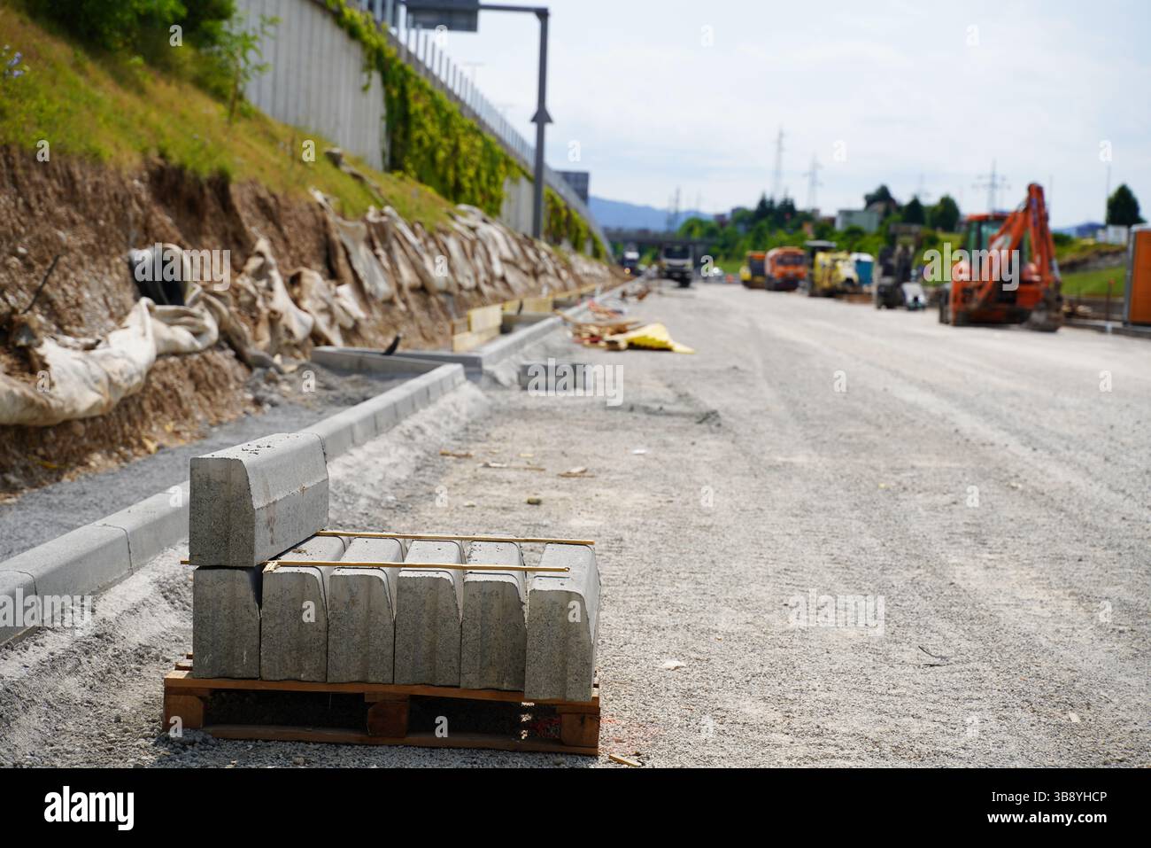 Stack of Road Curbs Ready for Installation at Highway Construction Site ...