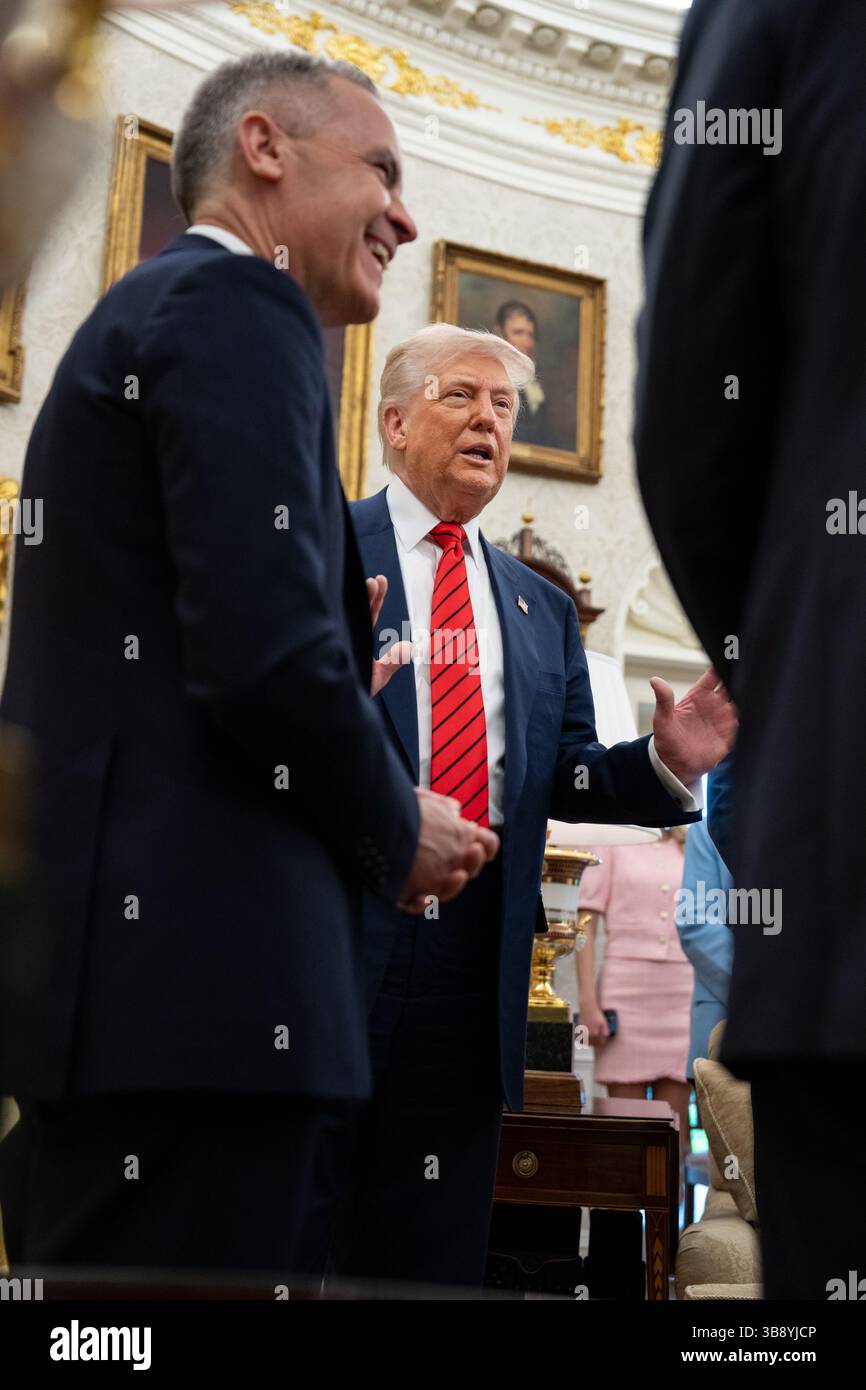 President Donald Trump meets with Canadian Prime Minister Mark Carney, Tuesday, May 6, 2025, in ...