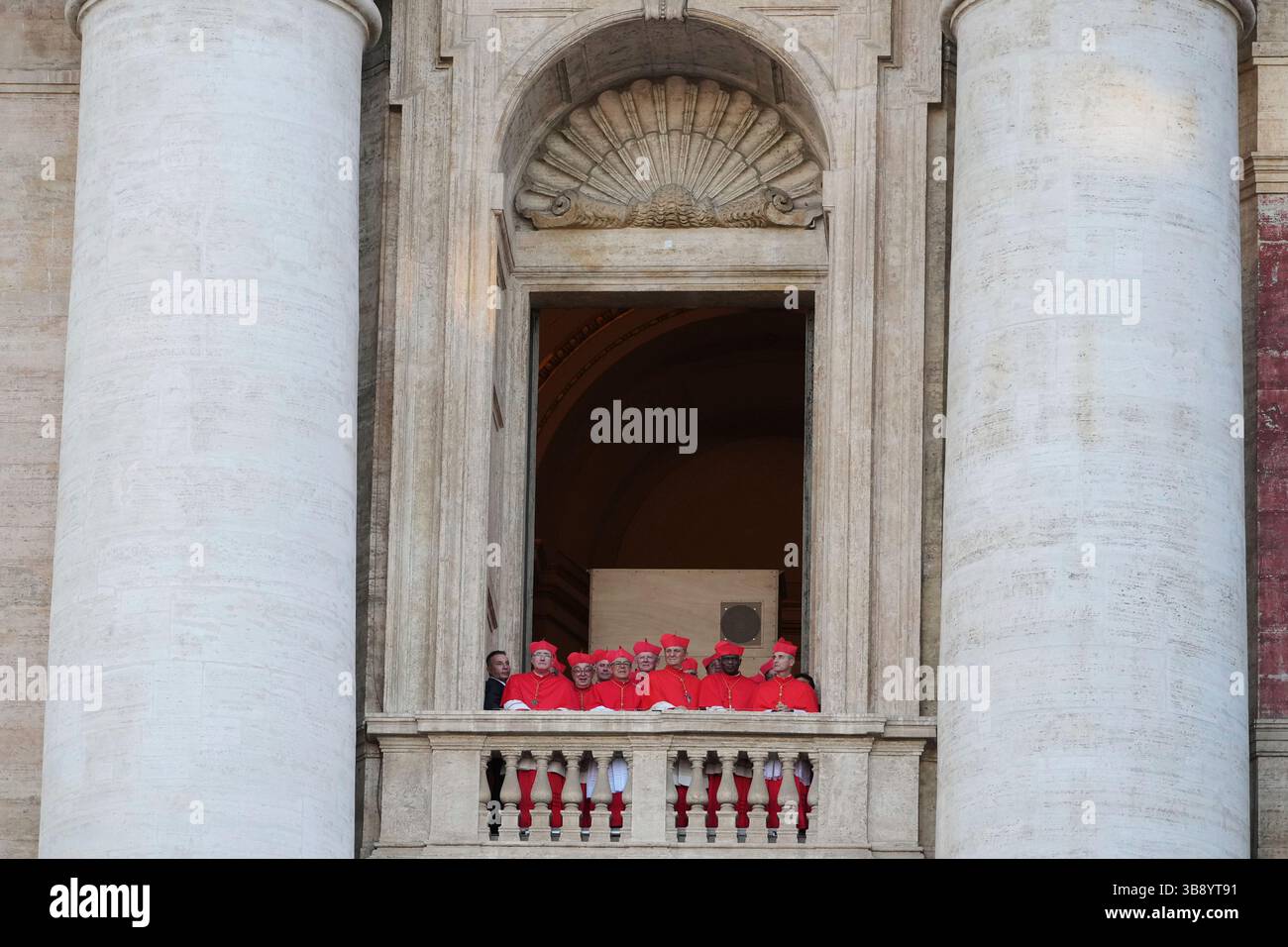 Cardinals on a balcony after Cardinal Robert Prevost was chosen chosen ...