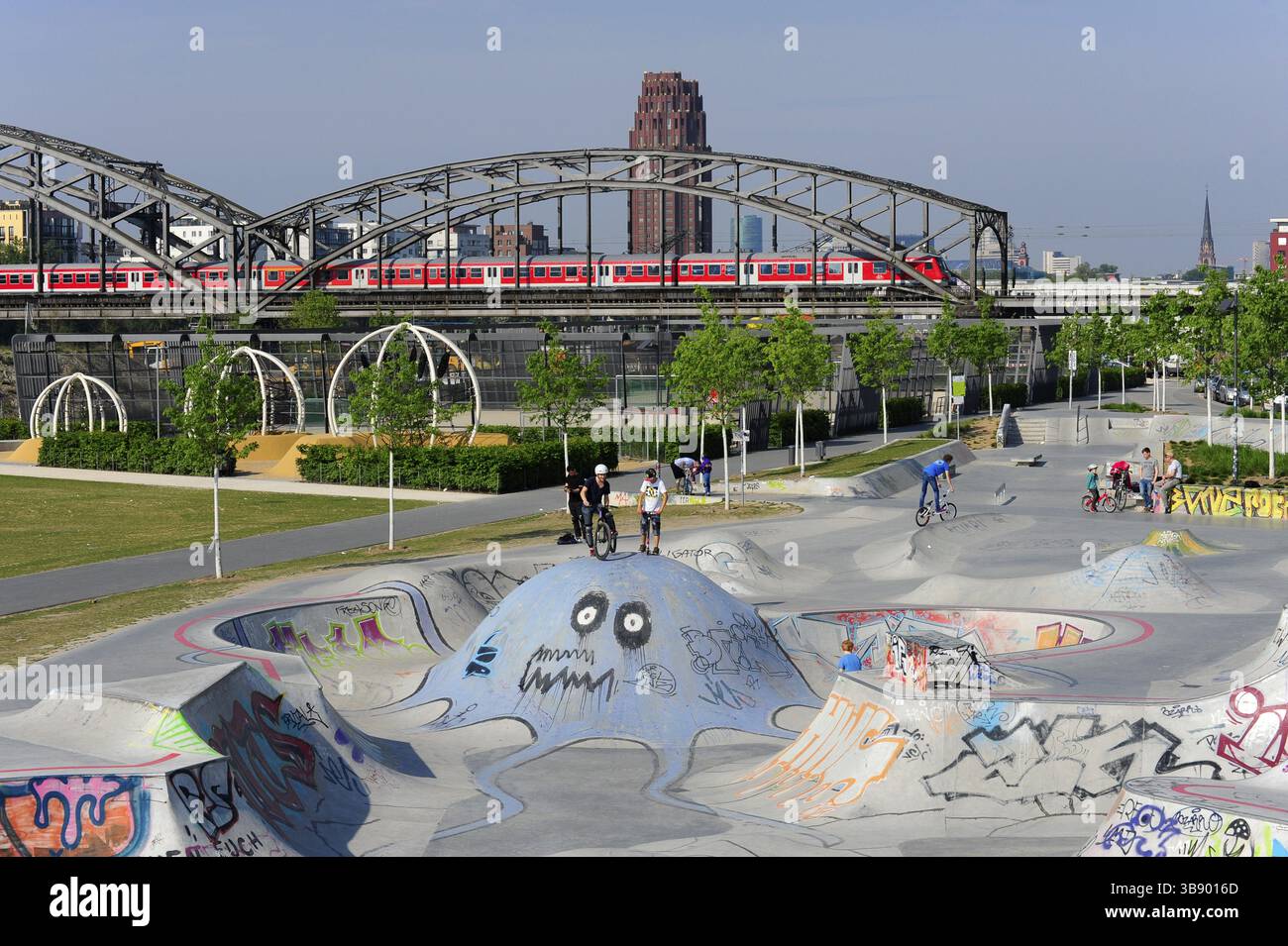 Graffiti on the playground, Concrete Jungle skater park in front of the ...