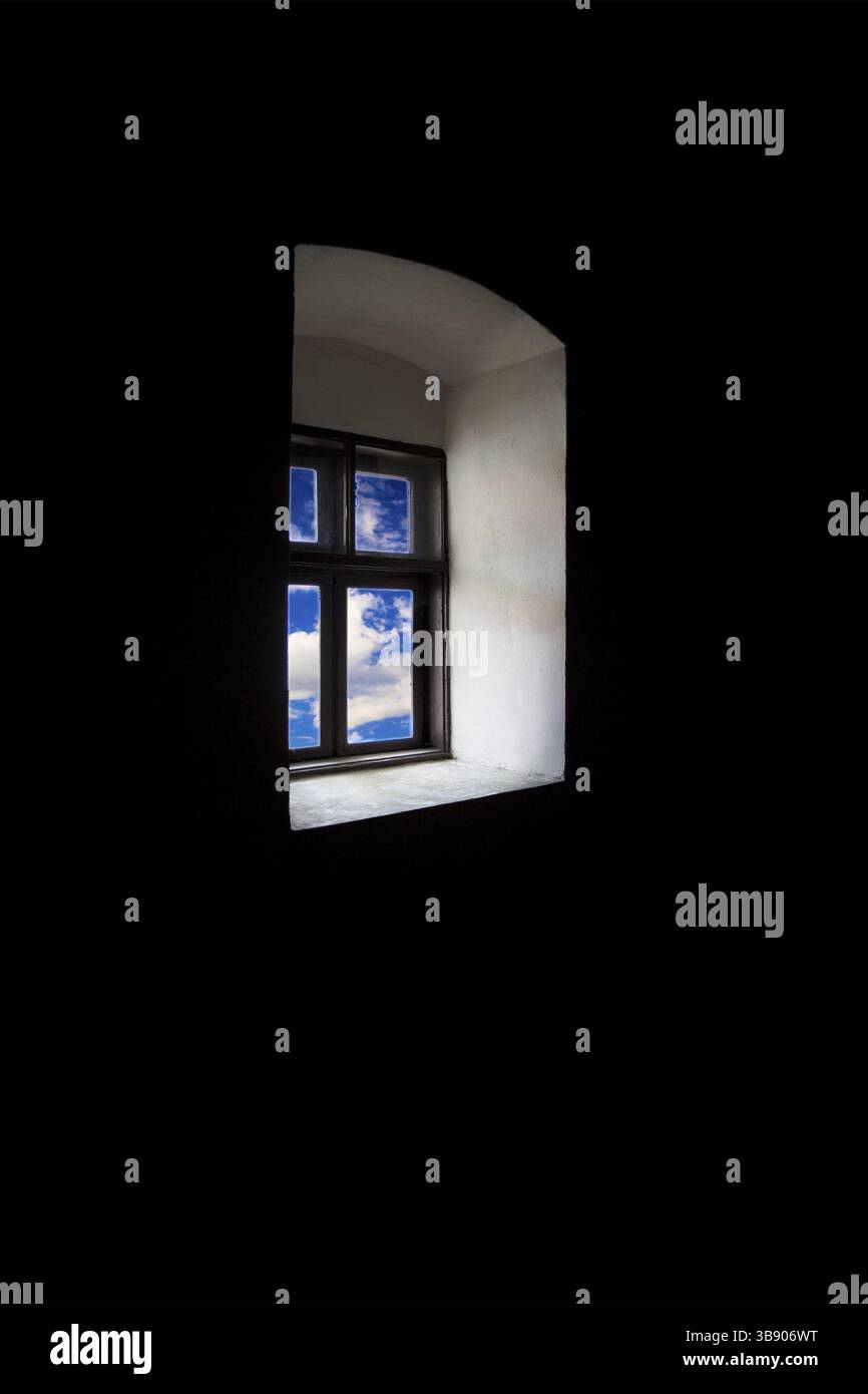 Window in old castle - sky view from prison tower Stock Photo - Alamy