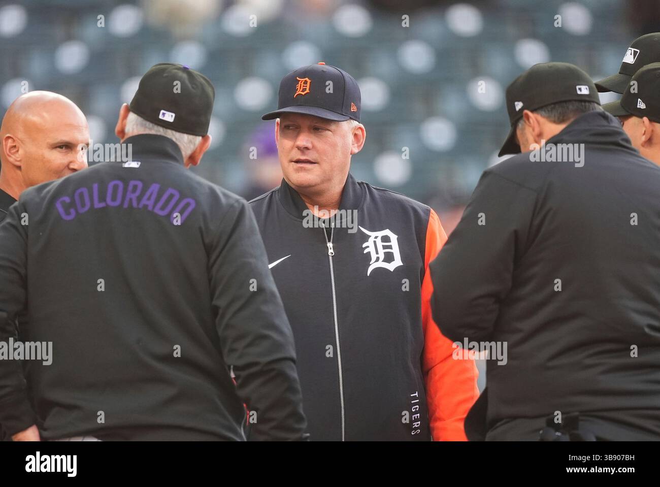 Detroit Tigers manager A.J. Hinch (14) and Colorado Rockies manager Bud ...