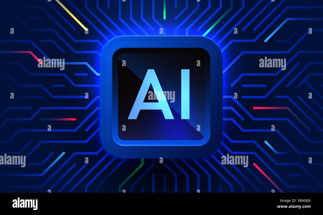 Brightly glowing AI chip on circuit board. Technology background. CPU ...