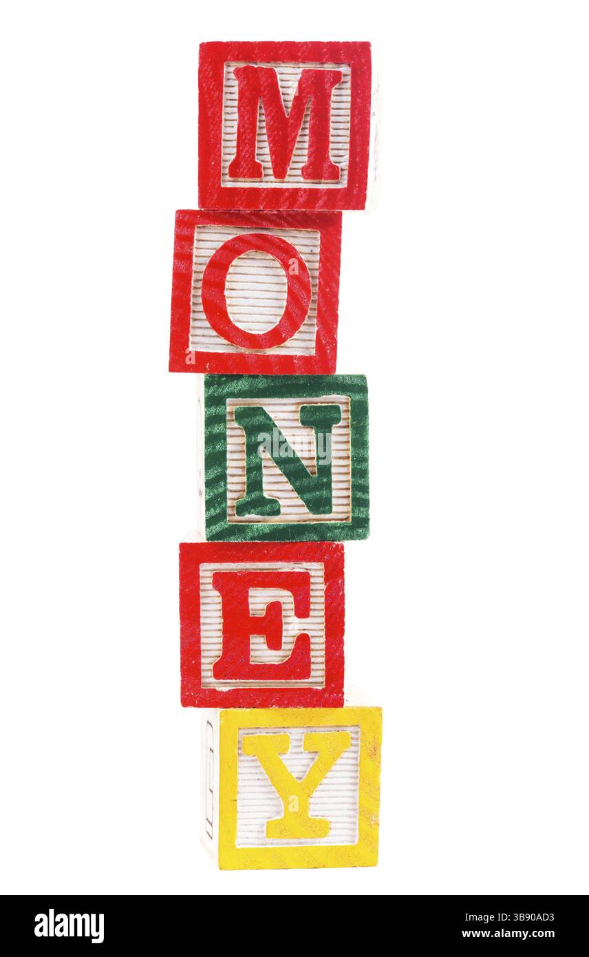 Word money made from alphabet blocks on white Stock Photo - Alamy