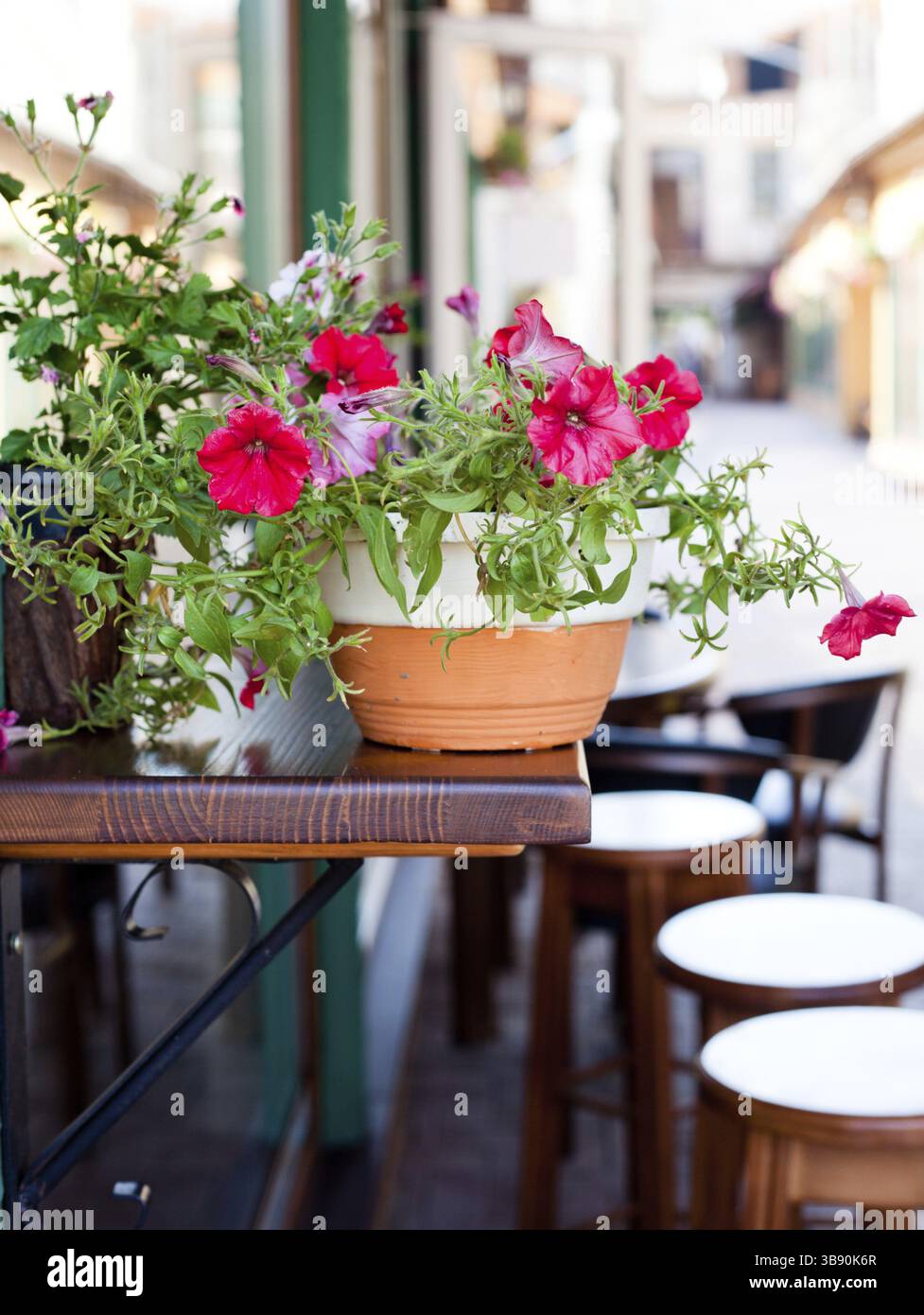Cafe's chairs outdoors, decorated with flowers Stock Photo - Alamy