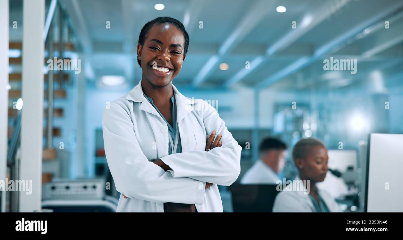 Laboratory, woman and portrait with smile for confidence, medical ...