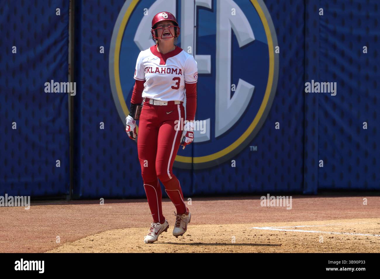 ATHENS, GA - MAY 08: Oklahoma outfielder Chaney Helton (3) screams to ...