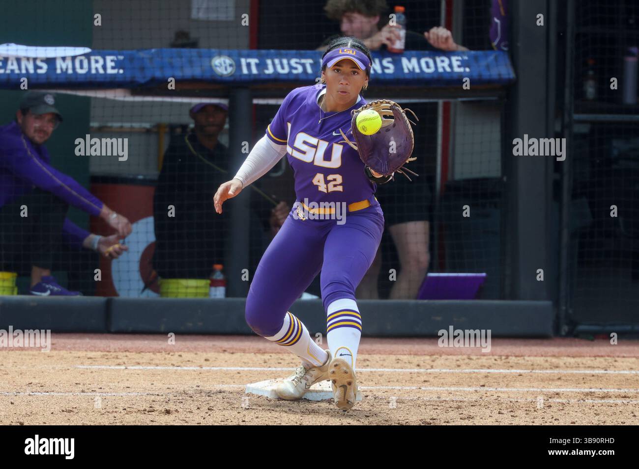 ATHENS, GA - MAY 08: LSU utility Tori Edwards (42) catches the ball at ...
