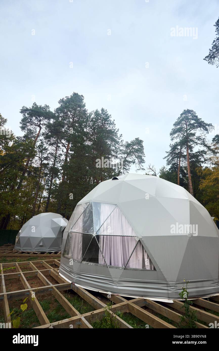 Geodesic domes for glamping and camping, thin-shell structure lattice shell based on geodesic ...