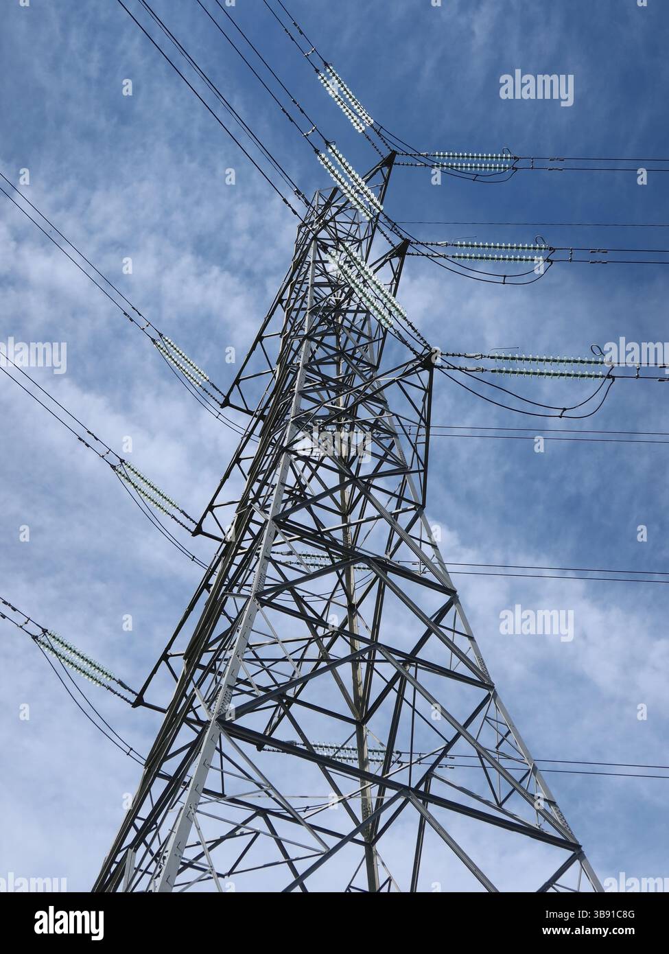 A towering electricity pylon holding up the high-voltage overhead power ...