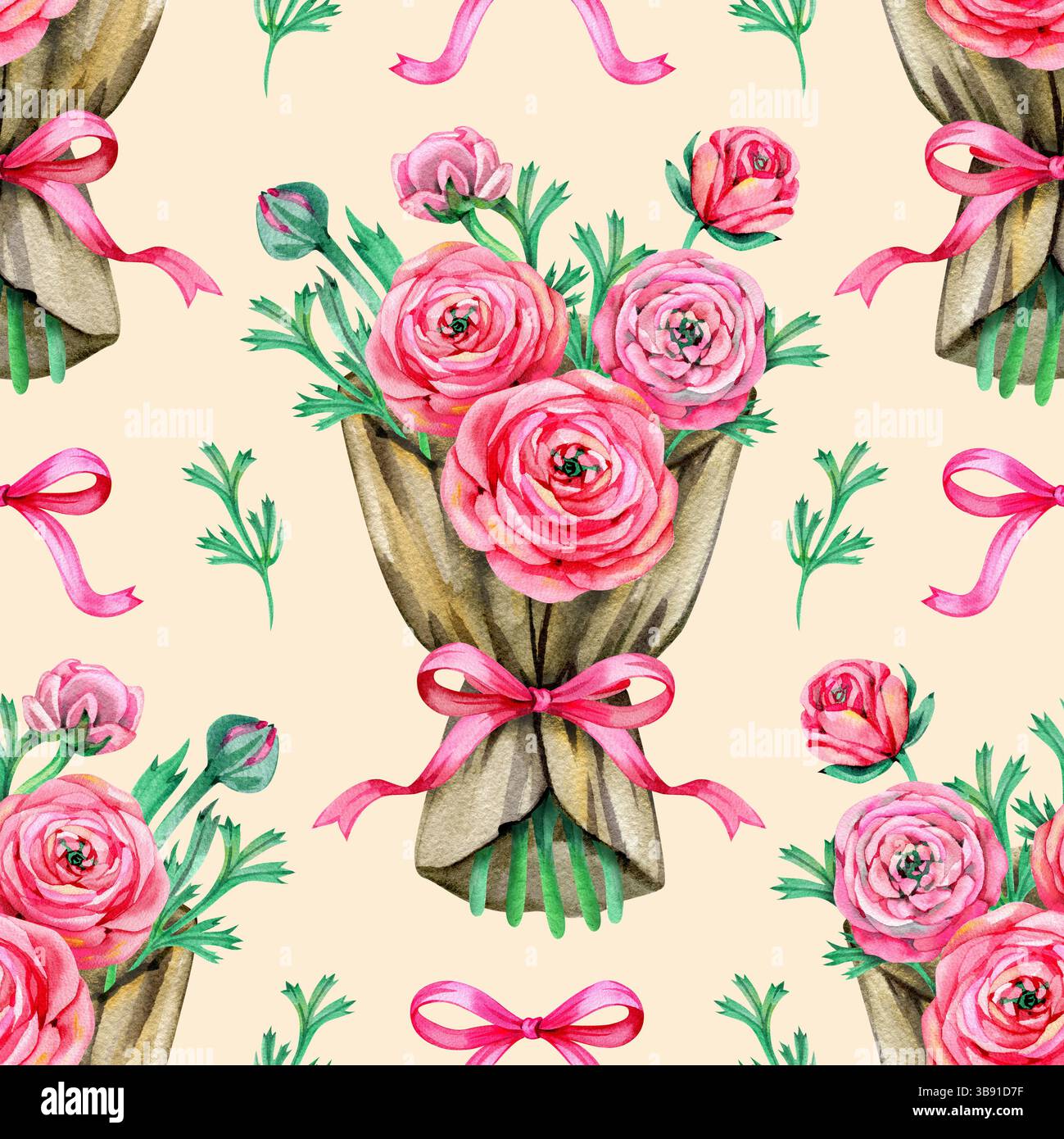 Pink ranunculus and greenery watercolor seamless pattern. Floral summer ...