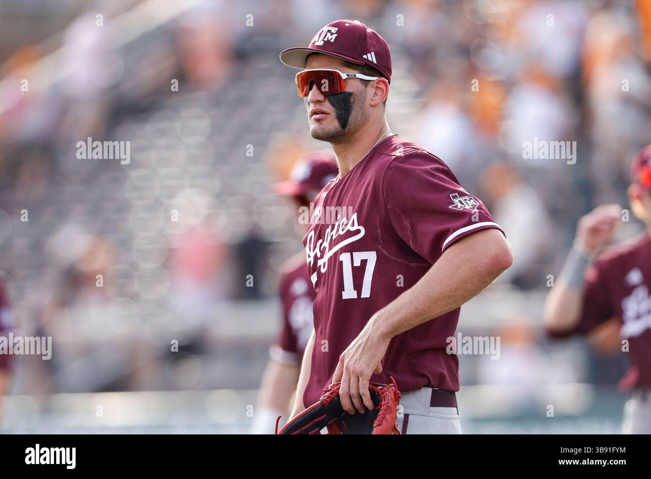 Texas A&M Aggies center fielder Jace LaViolette (17) on the field after ...