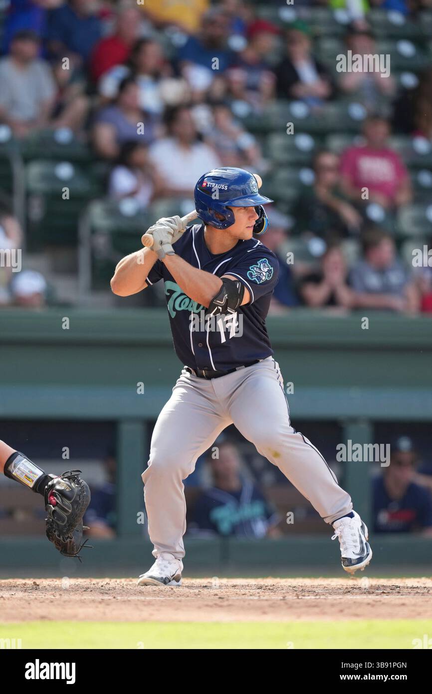Trevor Austin (17) of the Asheville Tourists at bat in a South Atlantic ...