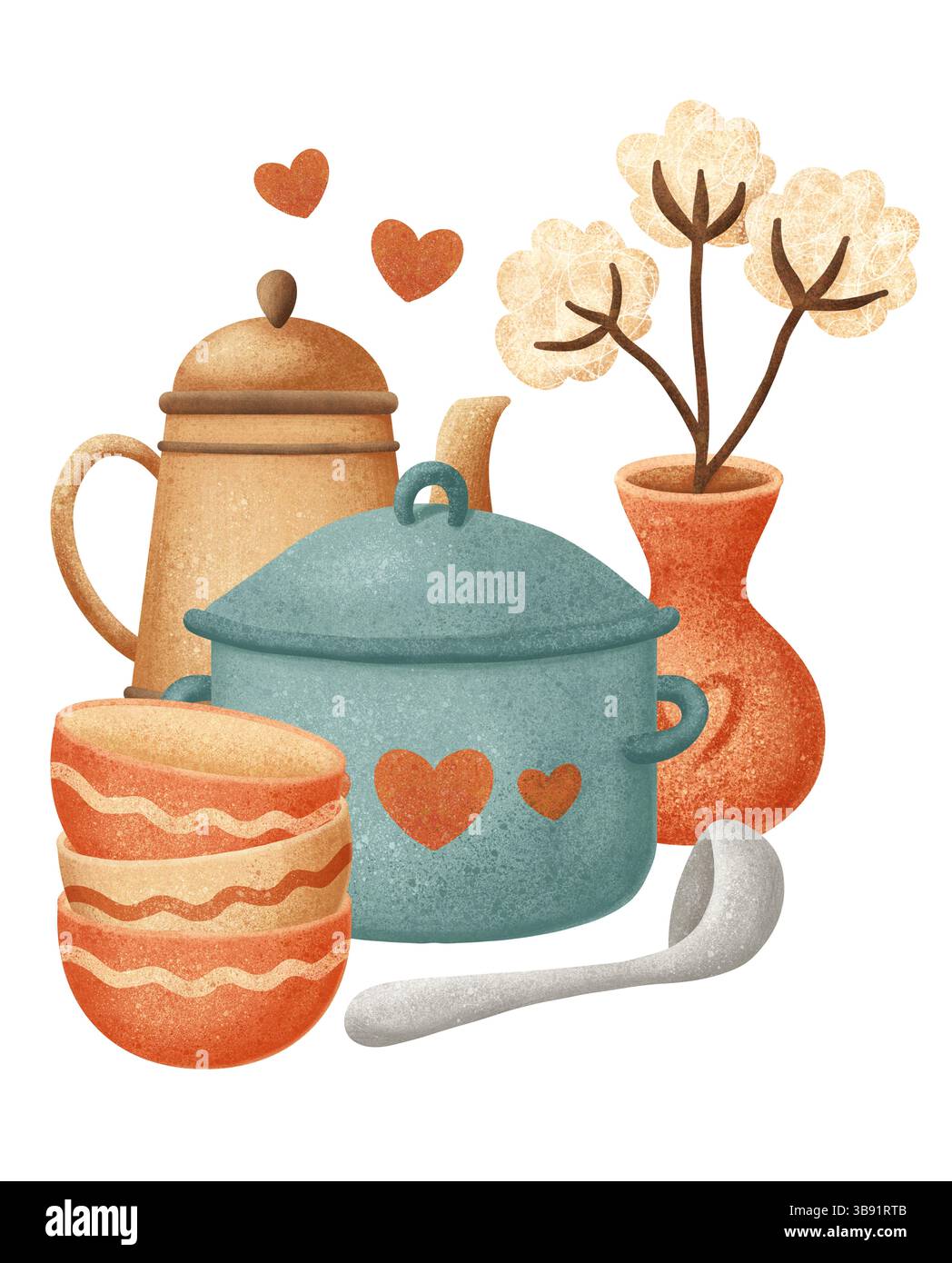 Kitchen Still Life with Pot, Teapot, Bowls and Cotton Flowers Stock ...