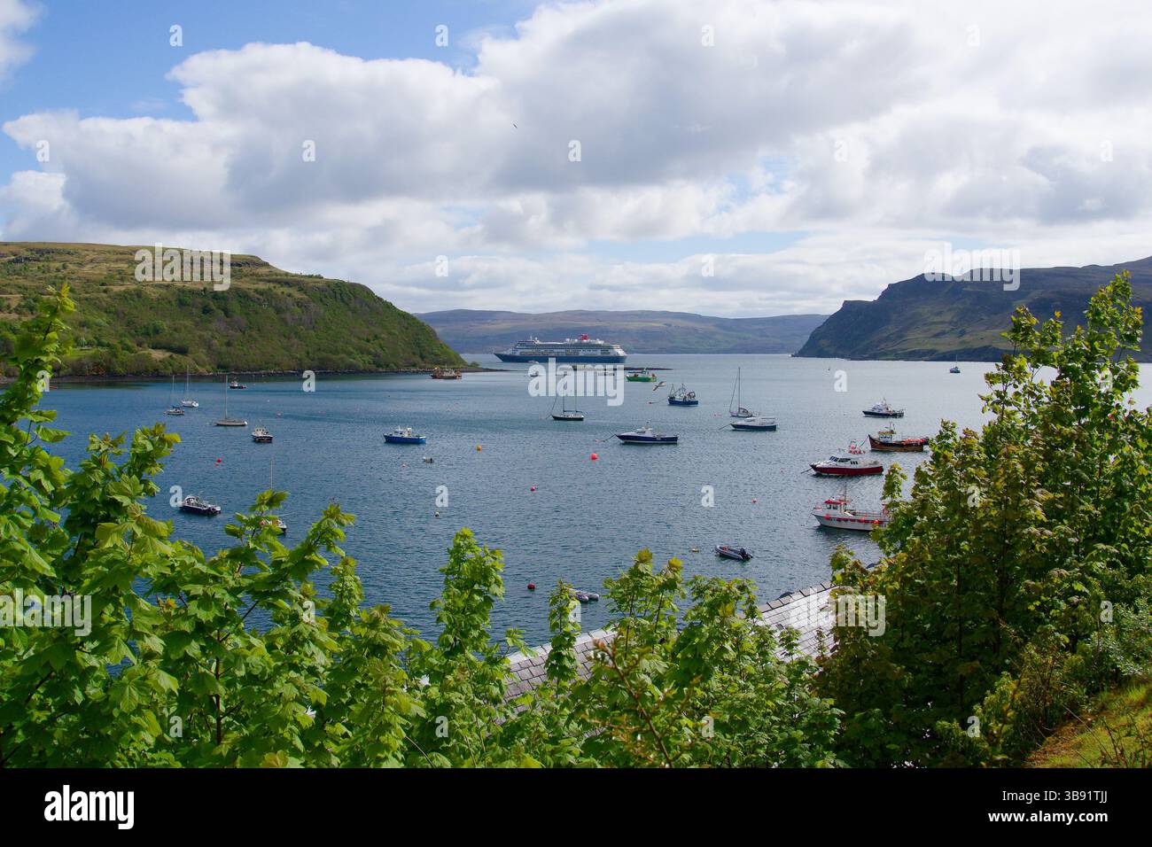 Ship and boats moored on Portree Loch, Scotland Stock Photo - Alamy
