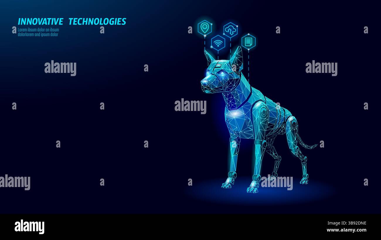 Robotic dog stands futuristic. Glowing blue lights shine bright ...