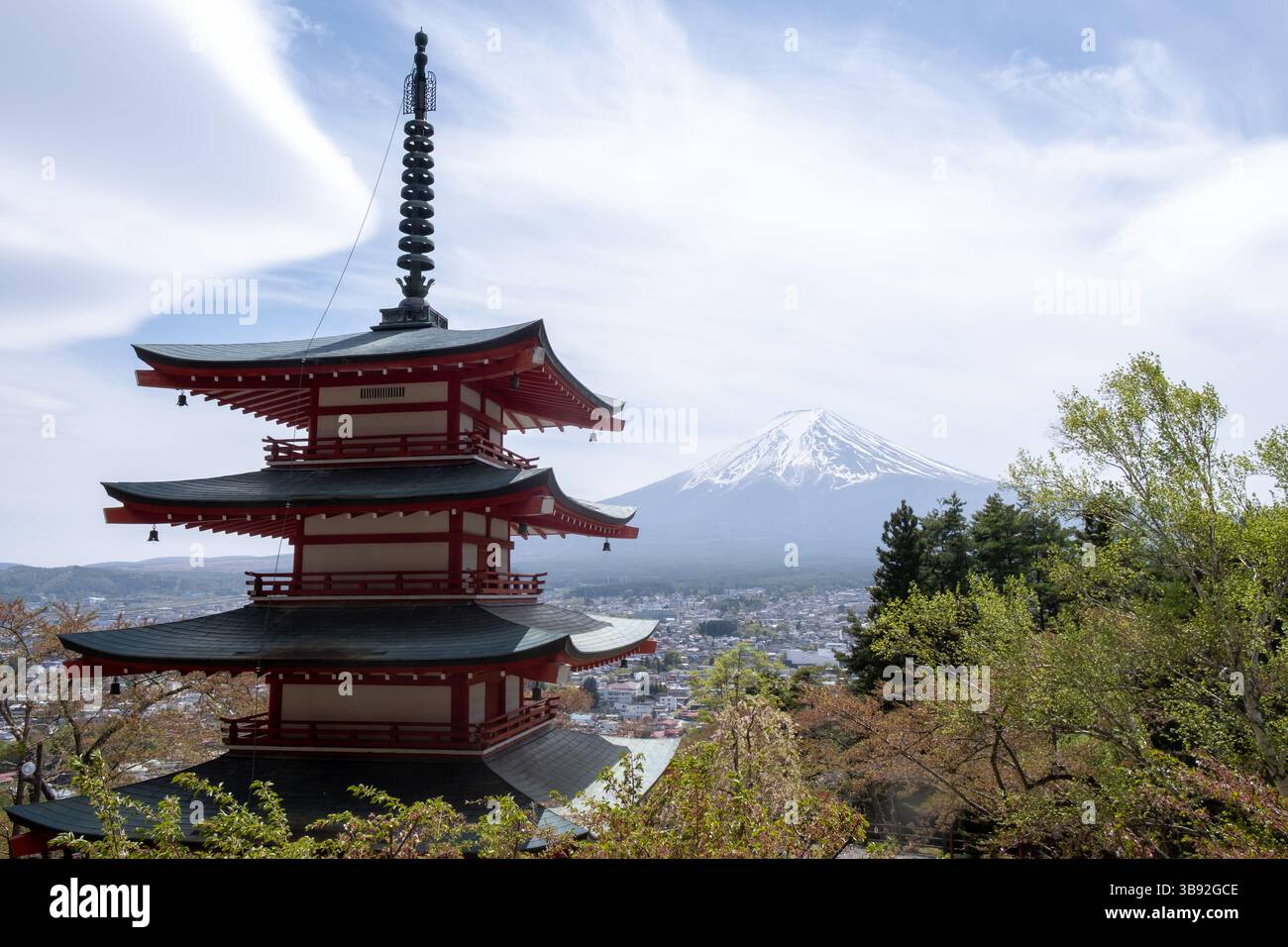 Red chureito pagoda with mount fuji in the background on a sunny day during cherry blossom ...