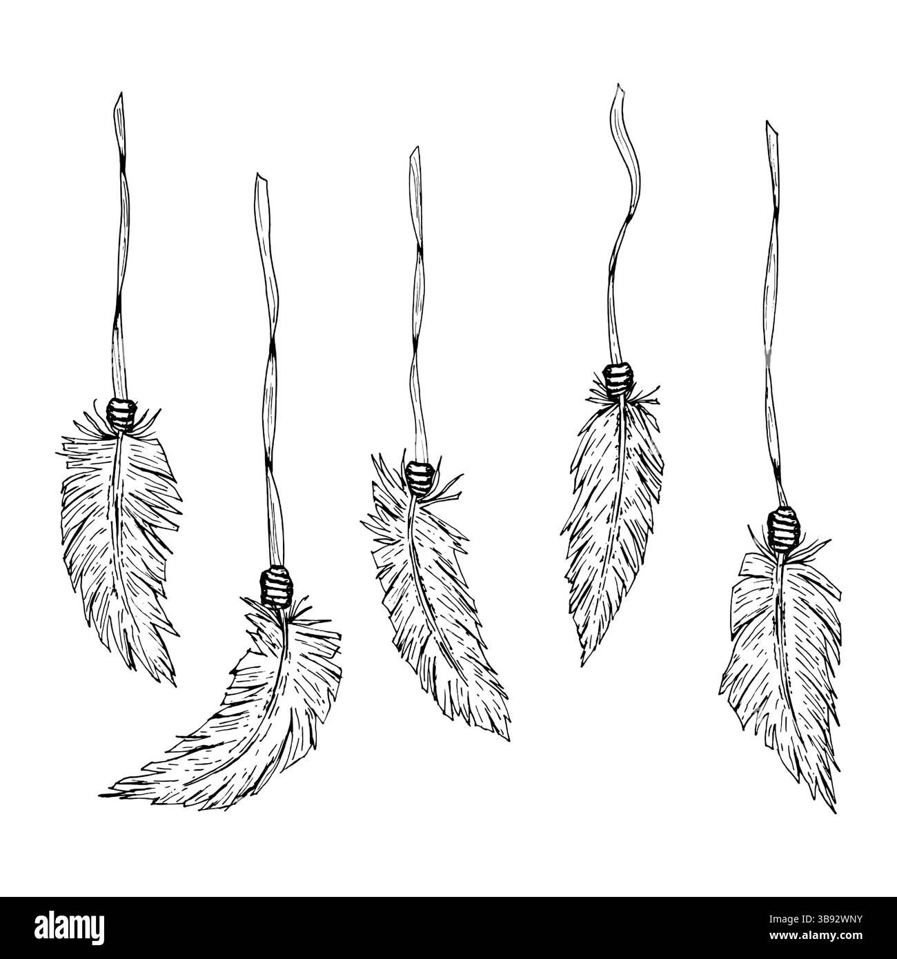 Set of five hand drawn vector feathers hanging on strings, monochrome ...