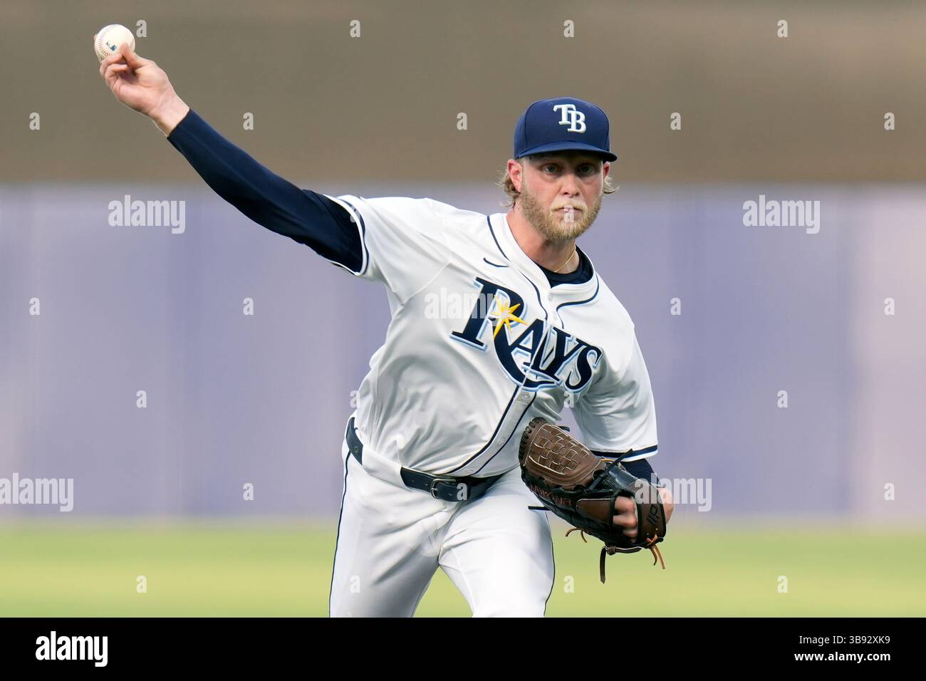 Tampa Bay Rays pitcher Shane Baz delivers to the Philadelphia Phillies ...