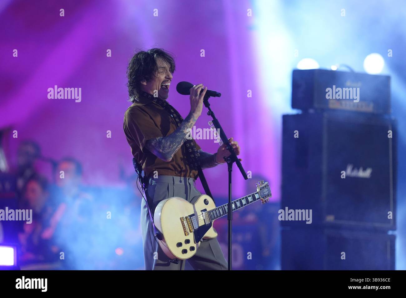 Justin Hawkins of The Darkness performs during the concert to mark the ...