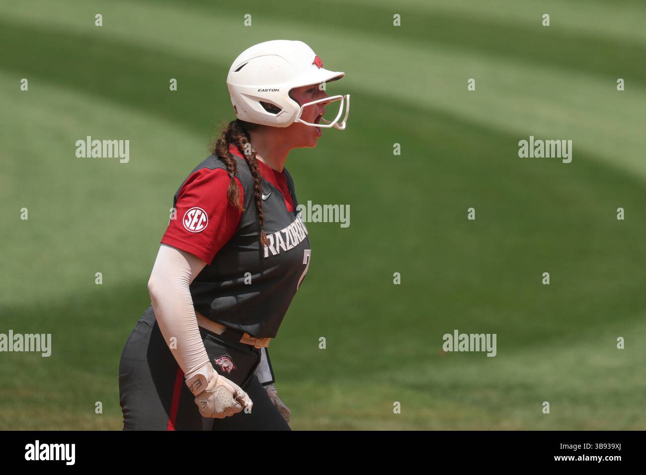 ATHENS, GA - MAY 08: Arkansas infielder Bri Ellis (77) screams to ...