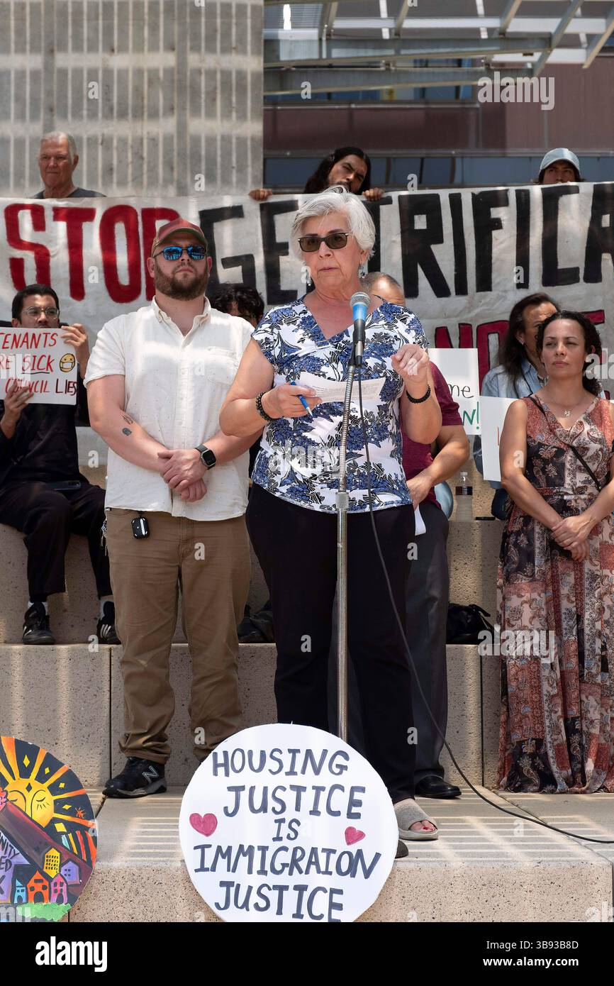 May 8, 2025: Rosa Gutierrez from Acacia Cliffs speaking outside of ...