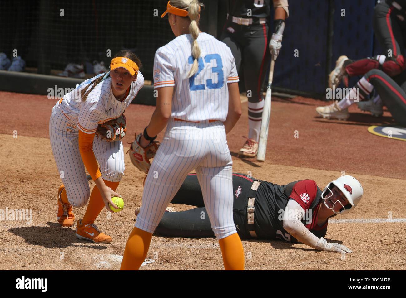 ATHENS, GA - MAY 08: Arkansas infielder Bri Ellis (77) rolls over after ...